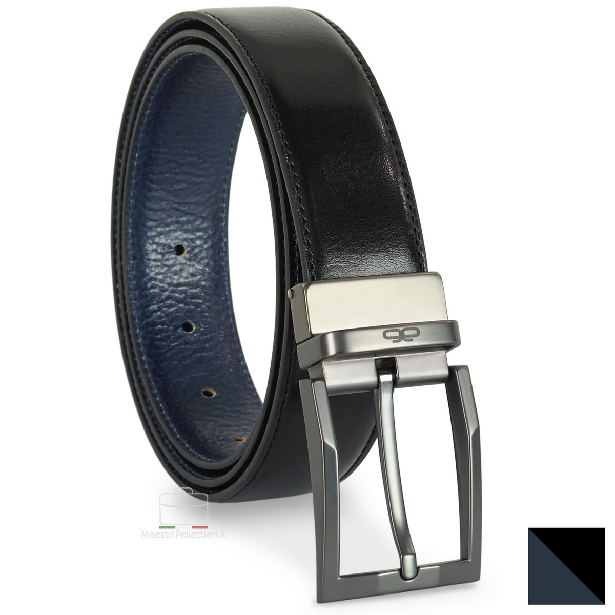 Cintura double face reversibile in pelle Nero e Blu Emerald | Acciaio