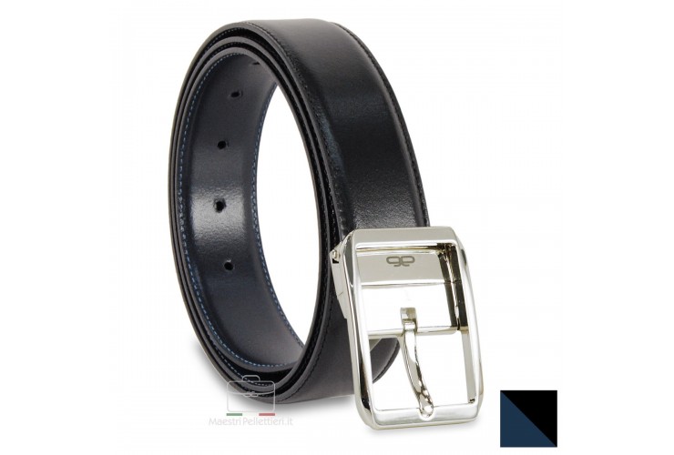 Reversible double face belt leather Black/Blue Octagon | Acciaio