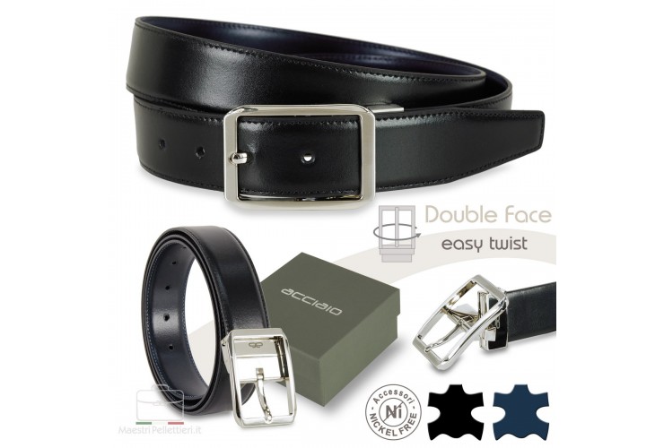 Reversible double face belt leather Black/Blue Octagon | Acciaio