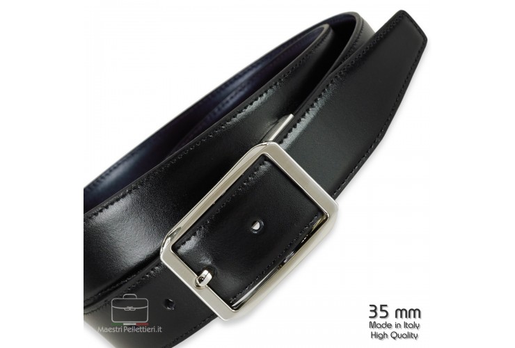 Reversible double face belt leather Black/Blue Octagon | Acciaio