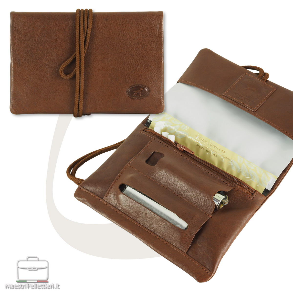 Portatabacco in pelle con laccio, cuoio Marrone/Castagno | Acciaio
