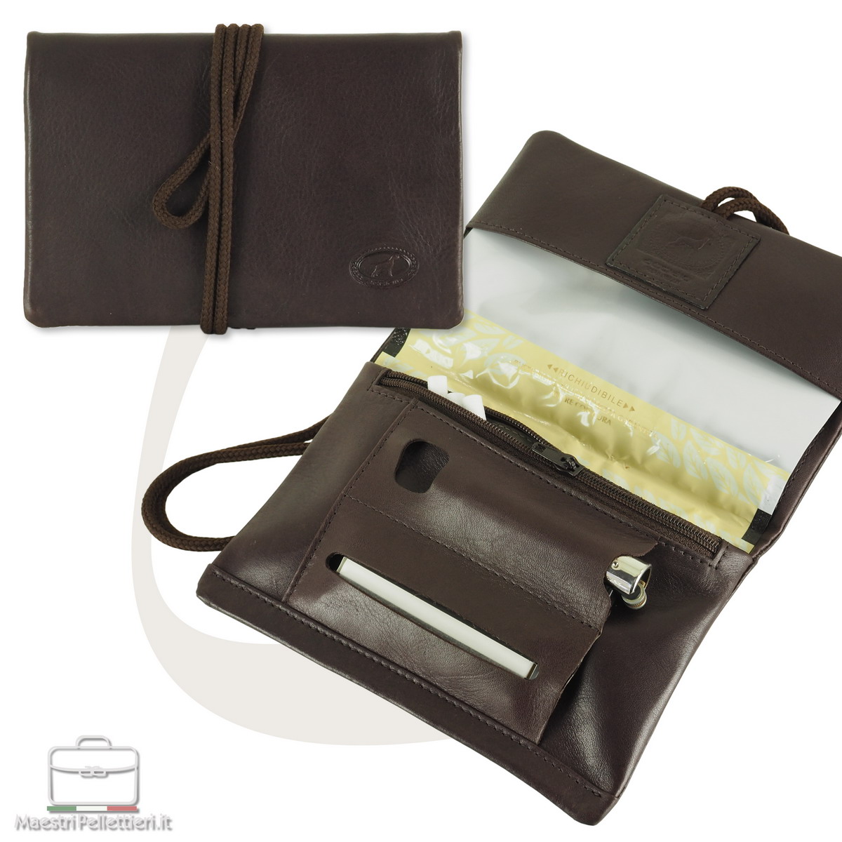 Portatabacco in pelle con laccio, cuoio Marrone | Acciaio