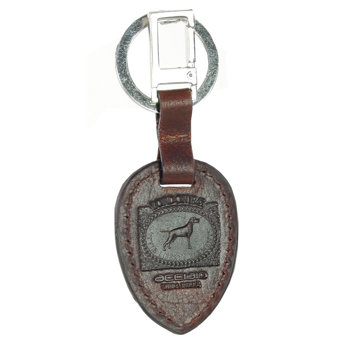 Brown leather keychain with metal ring and snap hook | Acciaio