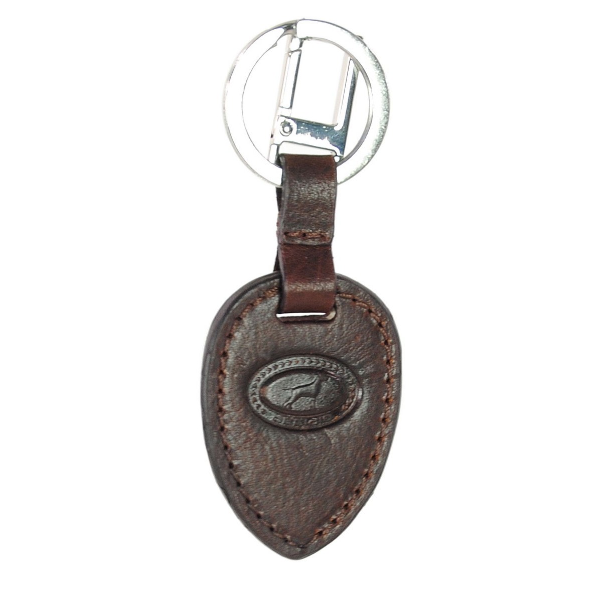 Brown leather keychain with metal ring and snap hook | Acciaio