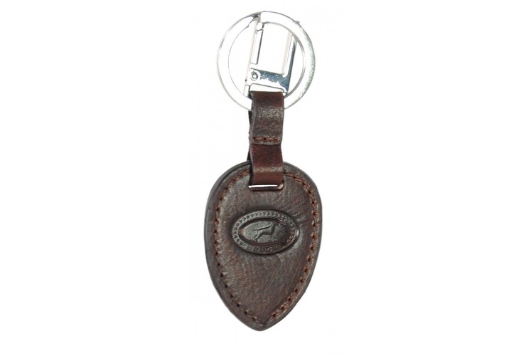 Brown leather keychain with metal ring and snap hook | Acciaio
