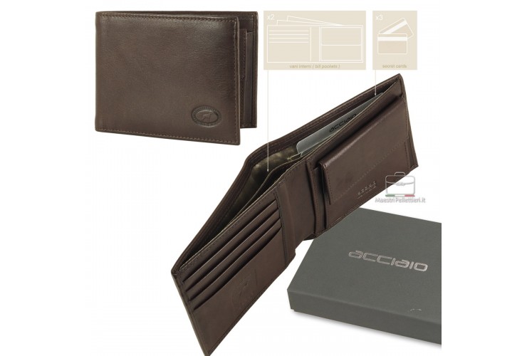 Men's wallet classic anti-rfid 7cc coin pocket leather Dark Brown | Acciaio